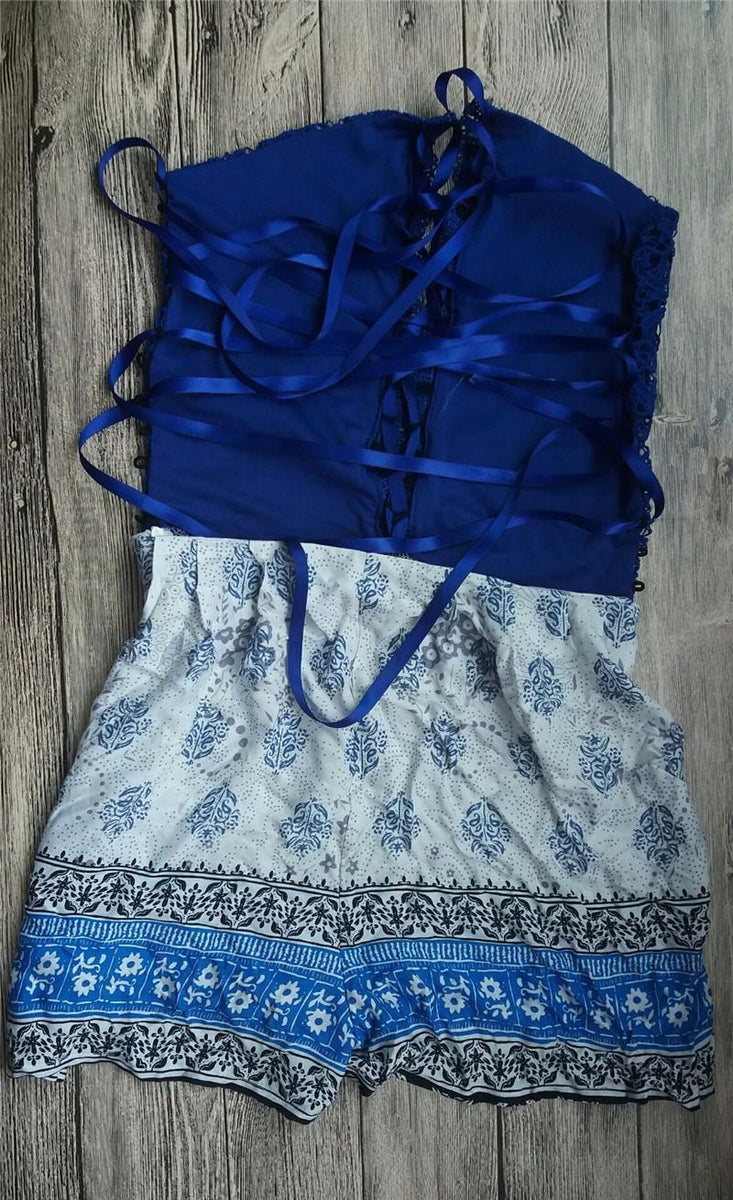 BLUE LACE-UP ROMPER – B ANN'S BOUTIQUE, LLC